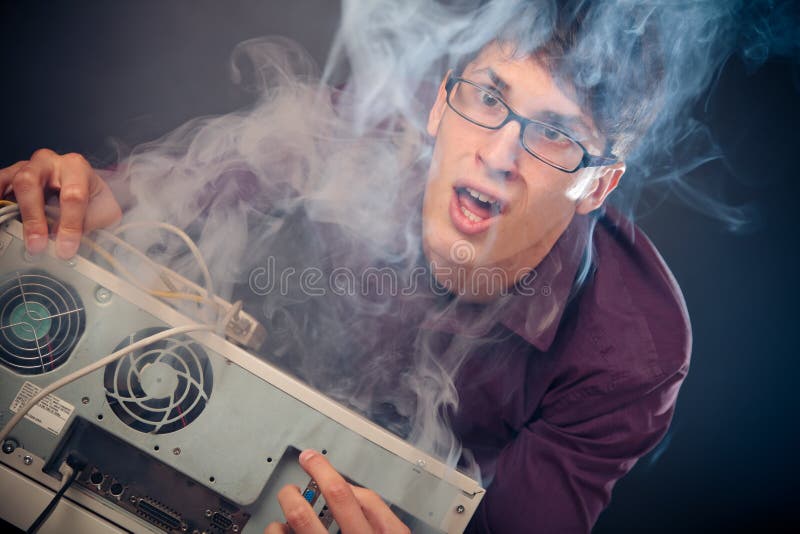 Nerd with Smoke Coming Out of His Pc Stock Photo - Image of shocked ...