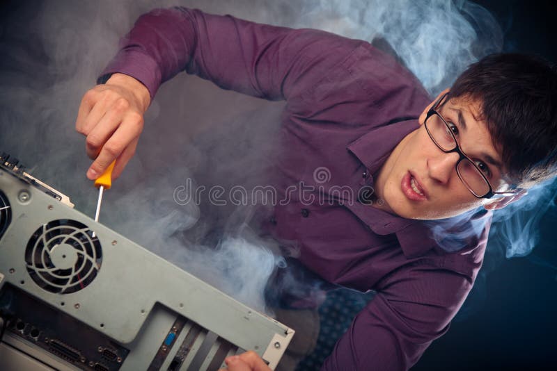 Nerd with Smoke Coming Out of His Pc Stock Photo - Image of shocked ...