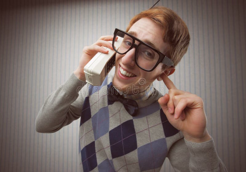 Nerd Man with an Old Mobile Phone Stock Image - Image of mobile ...