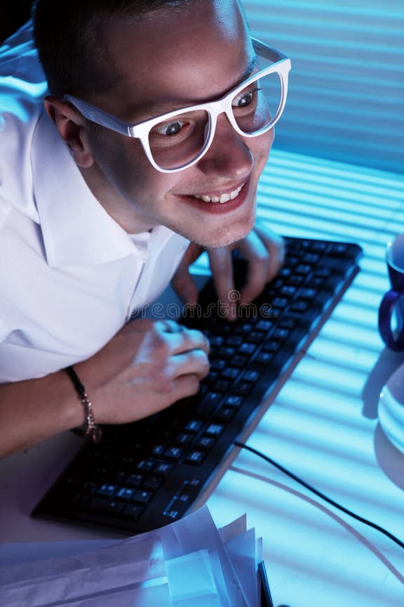 Nerd Surfing Internet at Night Time Stock Photo - Image of internet ...