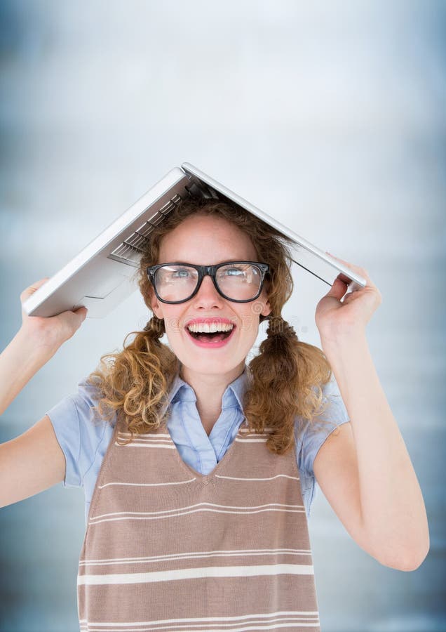 Nerd Woman with Laptop on Head Against Blurry Blue Wood Panel Stock ...