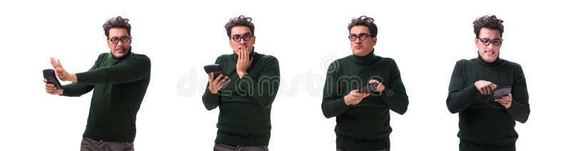 The Nerd Young Man with Calculator Isolated on White Stock Image ...