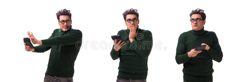The Nerd Young Man with Calculator Isolated on White Stock Image ...