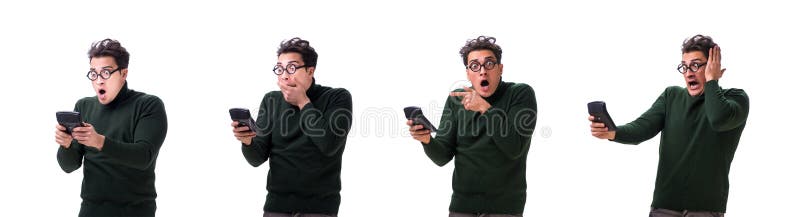 The Nerd Young Man with Calculator Isolated on White Stock Photo ...