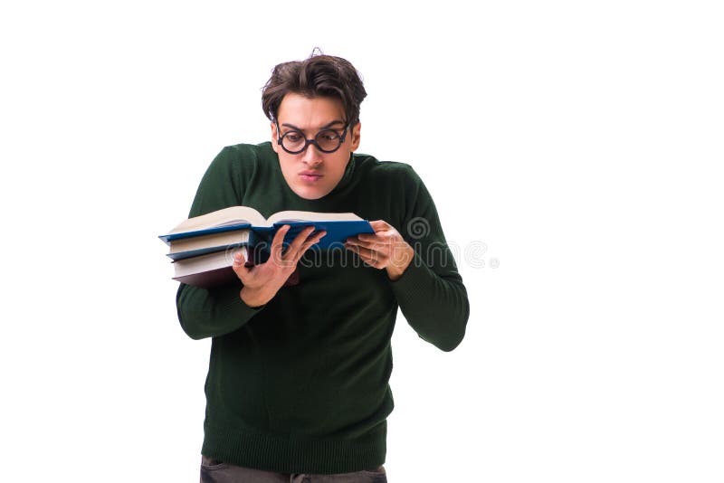 The Nerd Young Student with Books Isolated on White Stock Image - Image ...