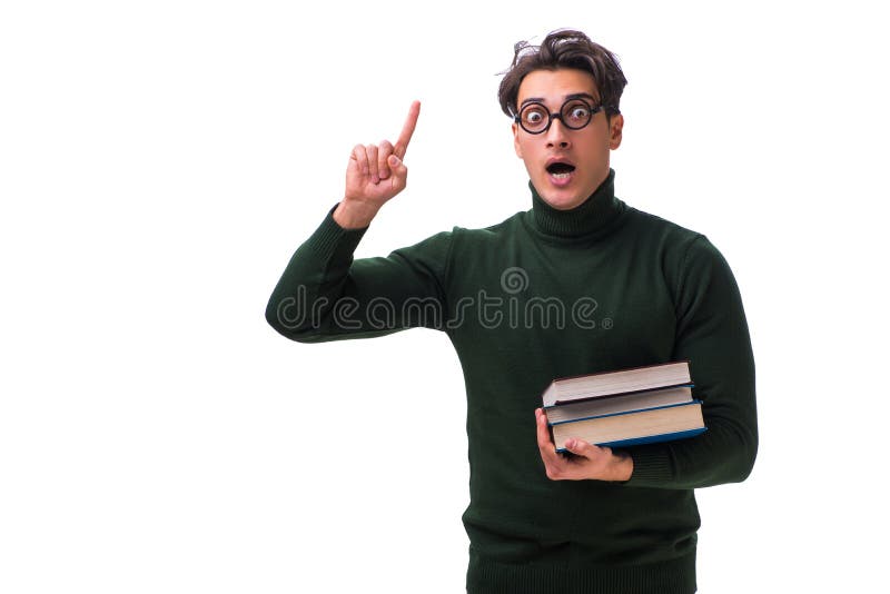 The Nerd Young Student with Books Isolated on White Stock Photo - Image ...