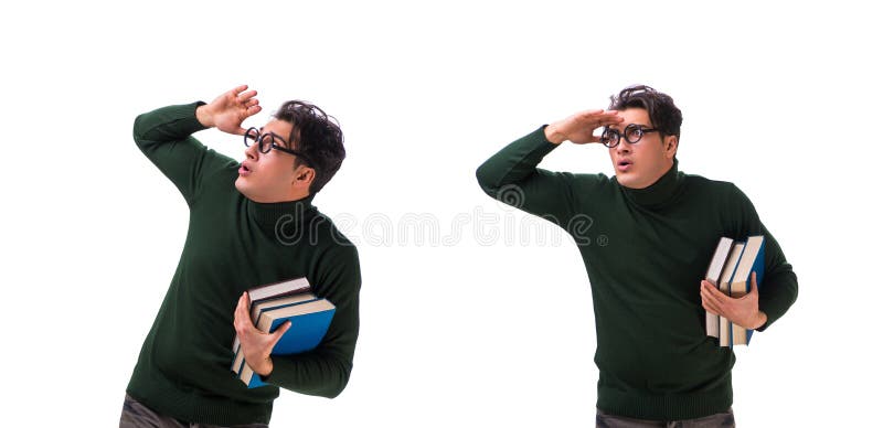 The Nerd Young Student with Books Isolated on White Stock Image - Image ...