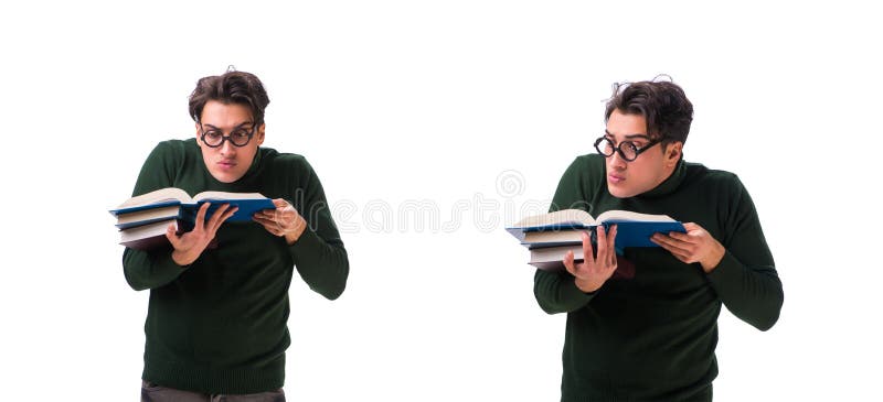 The Nerd Young Student with Books Isolated on White Stock Image - Image ...