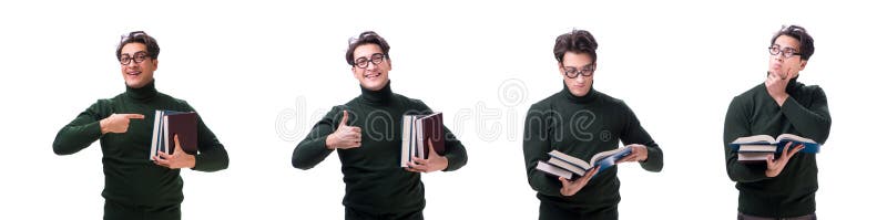 The Nerd Young Student with Books Isolated on White Stock Photo - Image ...