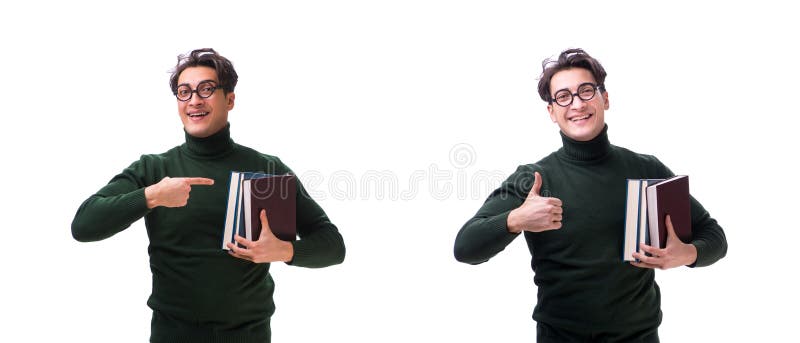 The Nerd Young Student with Books Isolated on White Stock Image - Image ...