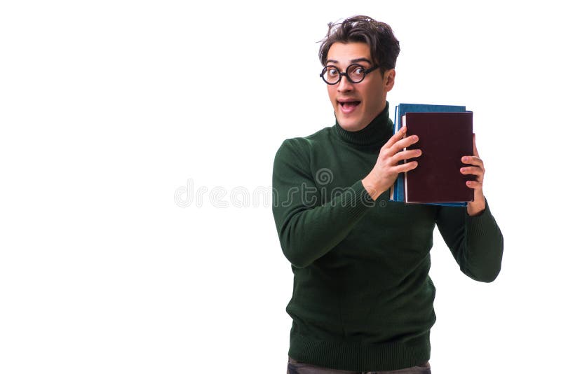The Nerd Young Student with Books Isolated on White Stock Photo - Image ...