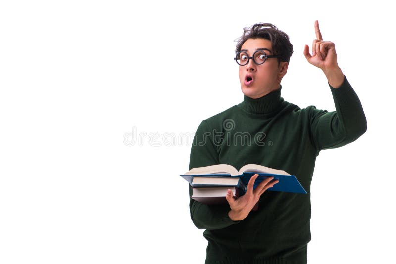 The Nerd Young Student with Books Isolated on White Stock Image - Image ...