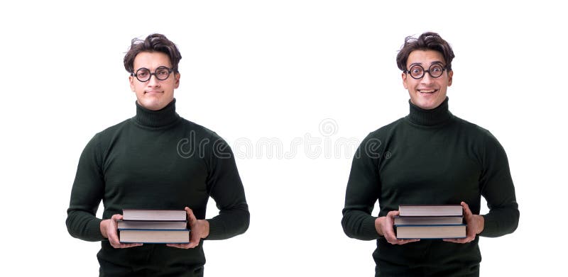 The Nerd Young Student with Books Isolated on White Stock Image - Image ...
