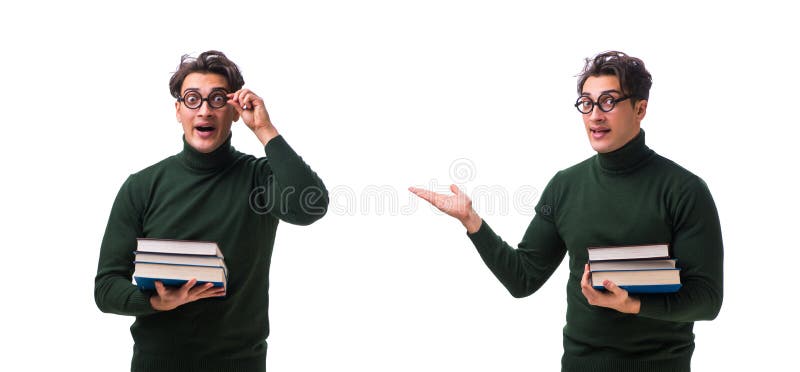 The Nerd Young Student with Books Isolated on White Stock Image - Image ...