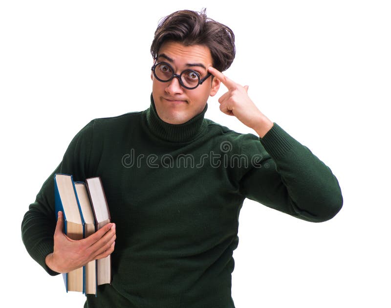 Nerd Young Student with Books Isolated on White Stock Photo - Image of ...