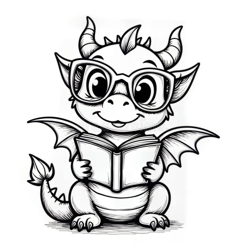 Nerdy Baby Dragon Reading Book with Glasses Stock Illustration ...