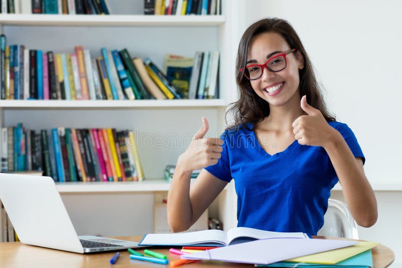 Nerdy Female Student Learning Language Online Using Computer Stock ...