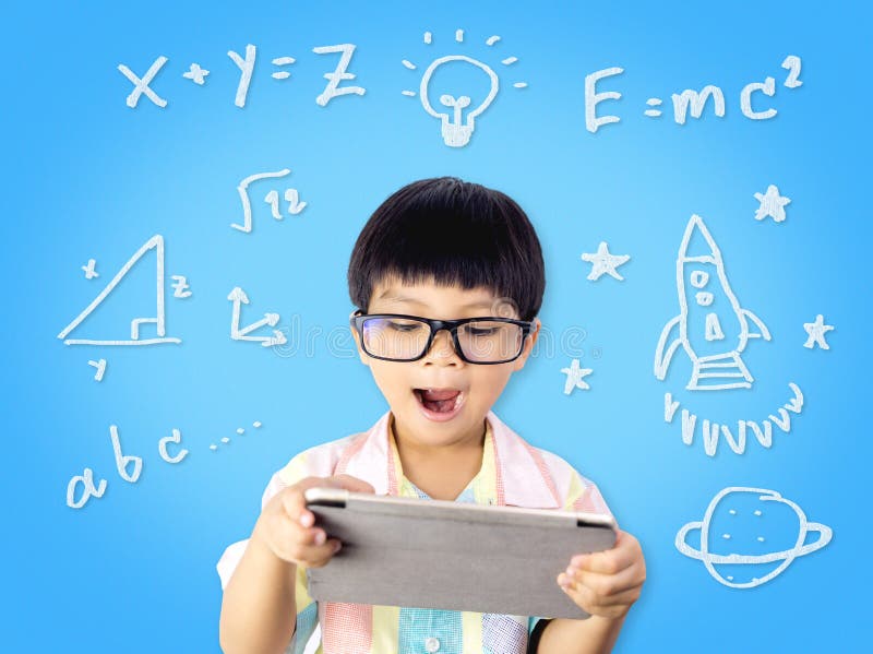 Nerdy Kid is Getting Education from Tablet Stock Photo - Image of ...
