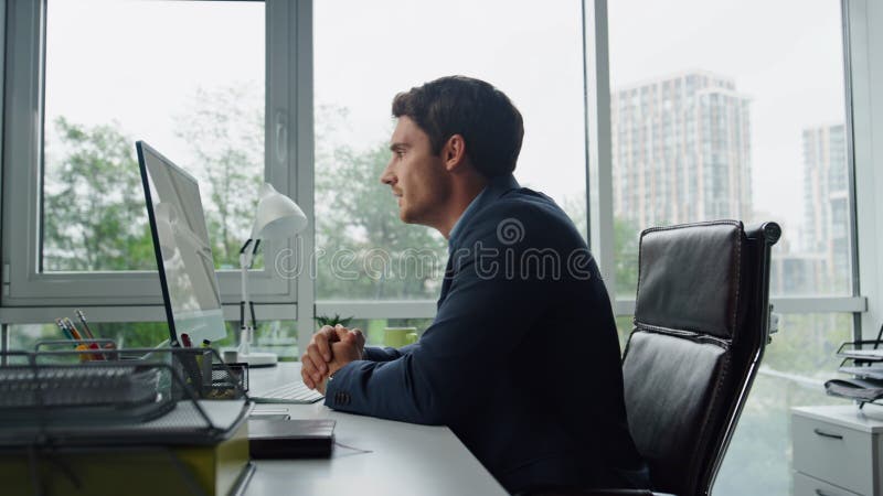 Nervous Businessman Talking Online Conference at Workplace. Annoyed ...