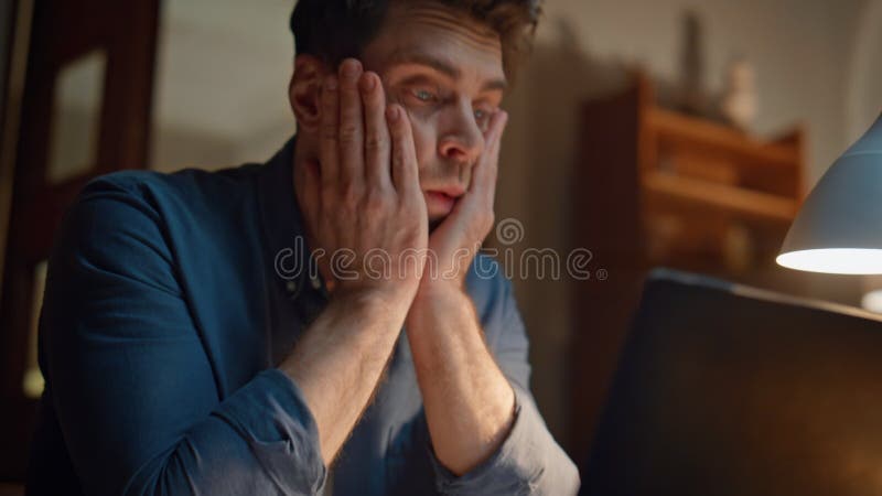 Nervous Employee Looking Computer Screen in Night Home Closeup. Work ...