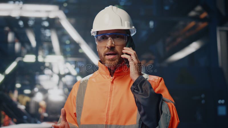 Nervous Industrial Worker Talking Smartphone Solving Problems at ...