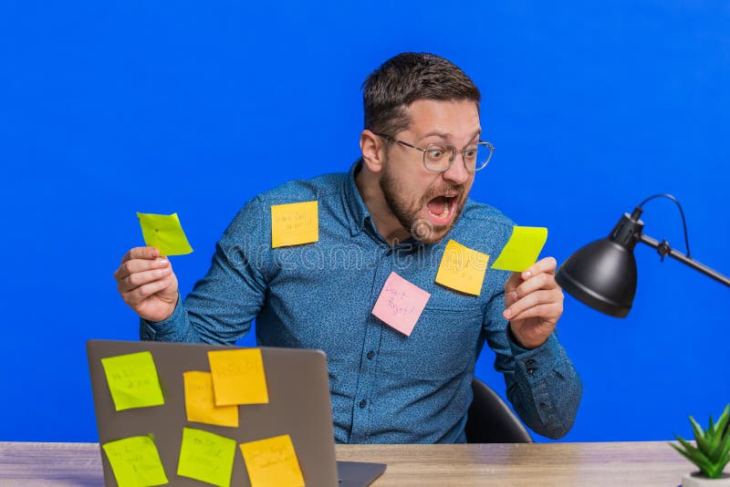 Nervous Man with Pasted Sticker Notes Use Laptop Having Concentration ...