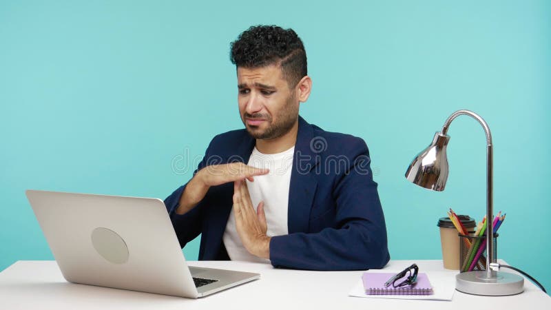 Nervous Upset Freelancer Showing Time Out Gesture with Hands at Web ...