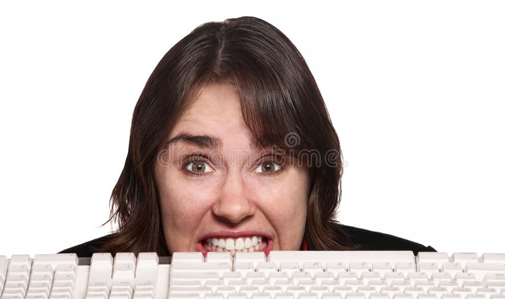 Nervous Woman Behind Keyboard Stock Image - Image of expression ...