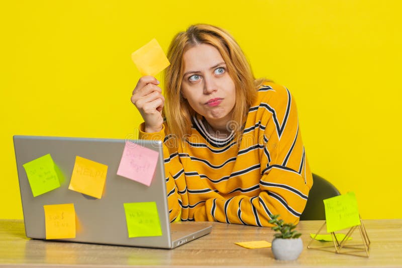 Nervous Woman with Pasted Sticker Notes Use Laptop Having Concentration ...