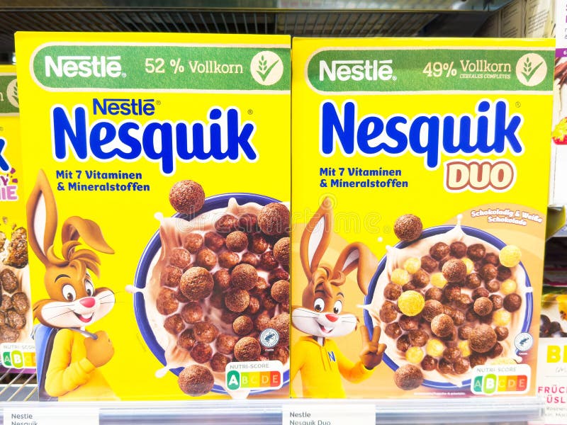 Nesquik Duo Cereal Packaging with Rabbit Character in Supermarket Shelf ...