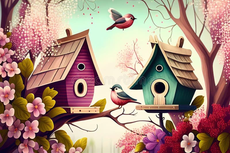 Nest Boxes of Colorful Spring Birds. Ai Generative Stock Illustration ...