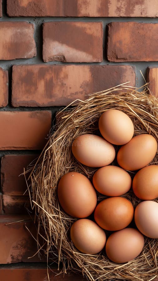 A Nest Full of Brown Eggs Sitting on Top of a Brick Wall Stock Photo ...