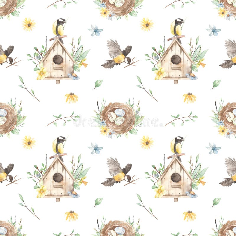 Watercolor Seamless Pattern with Nest with Eggs, Birdhouse, Titmouse ...