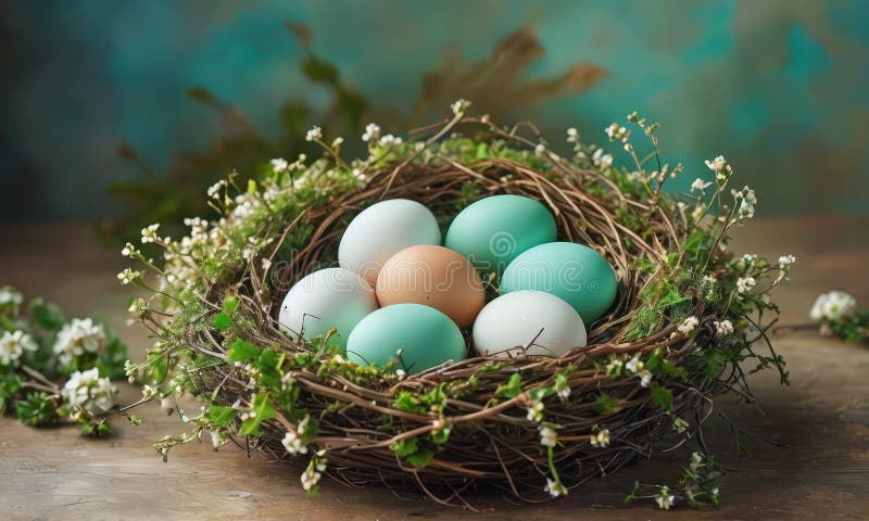 Nest with Eggs and Flowers on Table Stock Illustration - Illustration ...