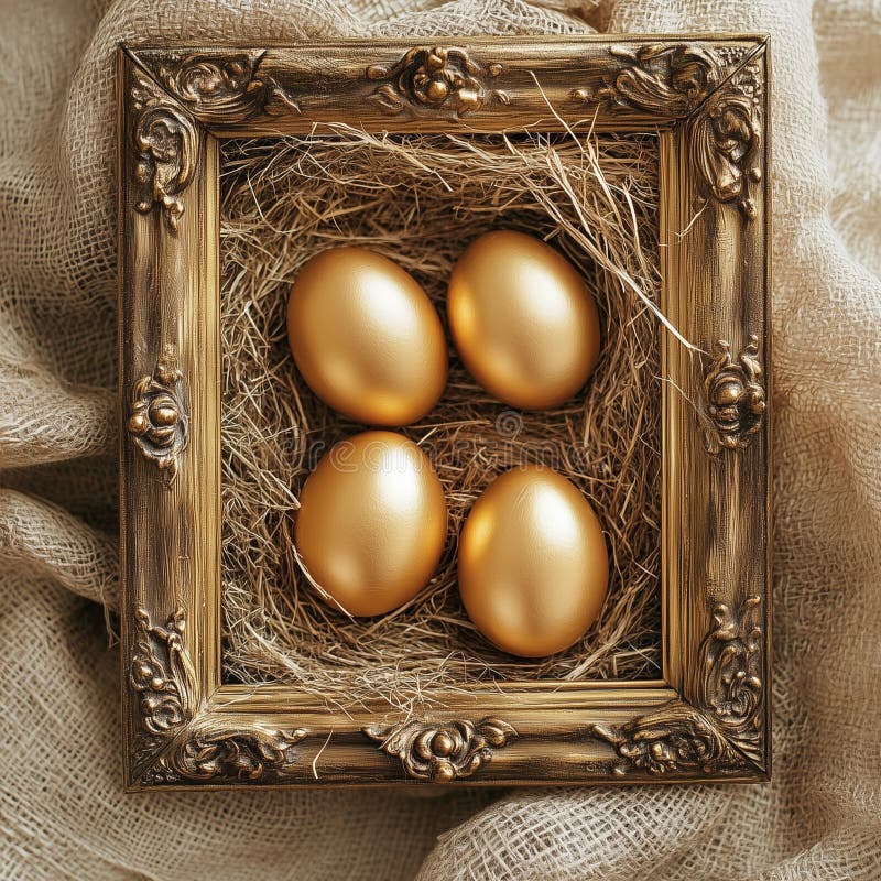 Nest with Golden Eggs in a Vintage Frame Stock Illustration ...