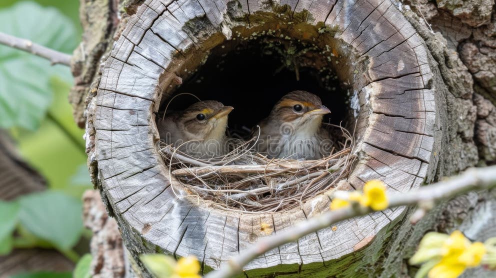 Nesting Birds Inside Tree Hollow: a Glimpse into Avian Parenthood Stock ...