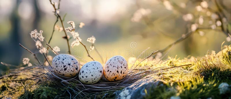 Nesting Birds Lay Spotted Eggs in Spring Sunlight Stock Photo - Image ...