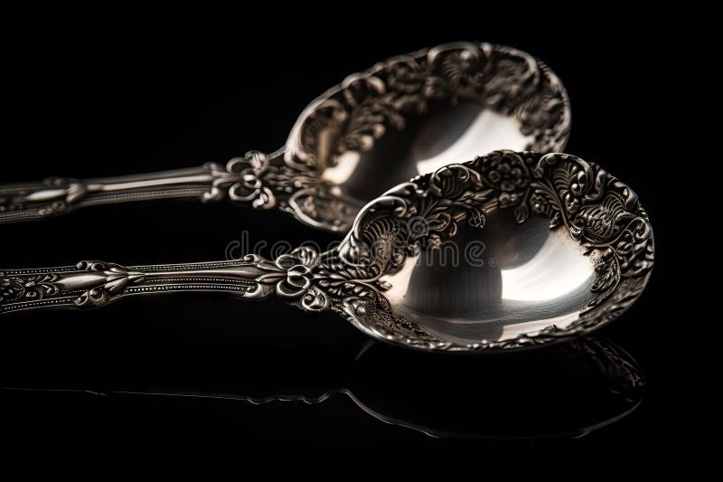 Nesting Pair of Antique Silver Spoons on Black Background Stock ...
