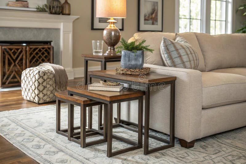 Nesting Tables and Comfortable Sofa in Living Room. Interior Design ...