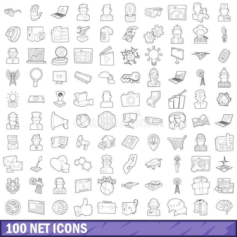 100 Net Icons Set, Outline Style Stock Vector - Illustration of outline ...