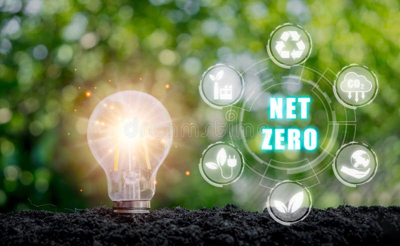 Light Bulb on Soil with Net Zero Icon on Vitual Screen Stock Image ...
