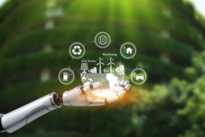 Net Zero Concept, Robot Hand Touching Green Energy Icon Represents ...