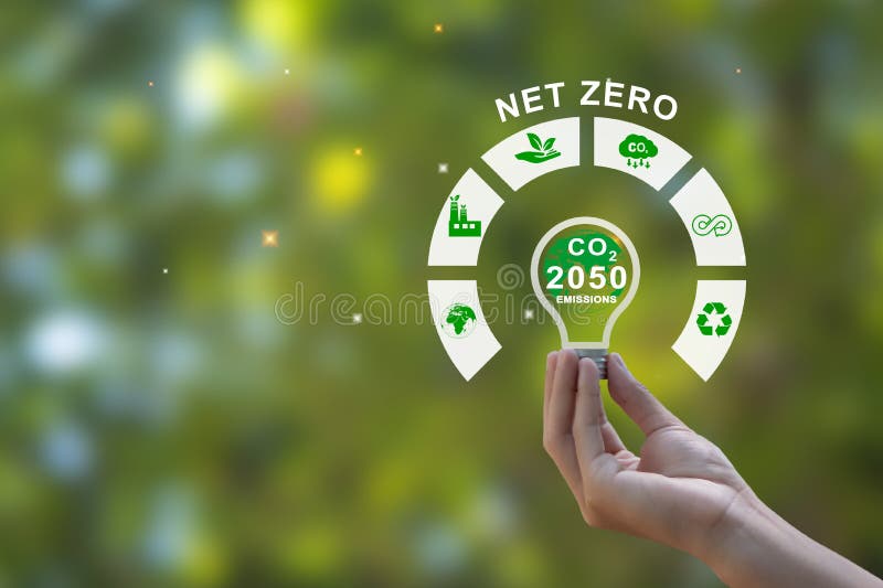 Net Zero Emissions by 2050,Hand Holding Light Bulb with Icons Energy ...