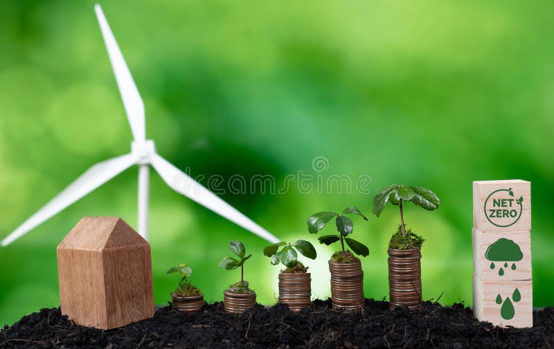 Net Zero Symbol with Seedling on Coin Stack and Wind Turbine. Alter ...