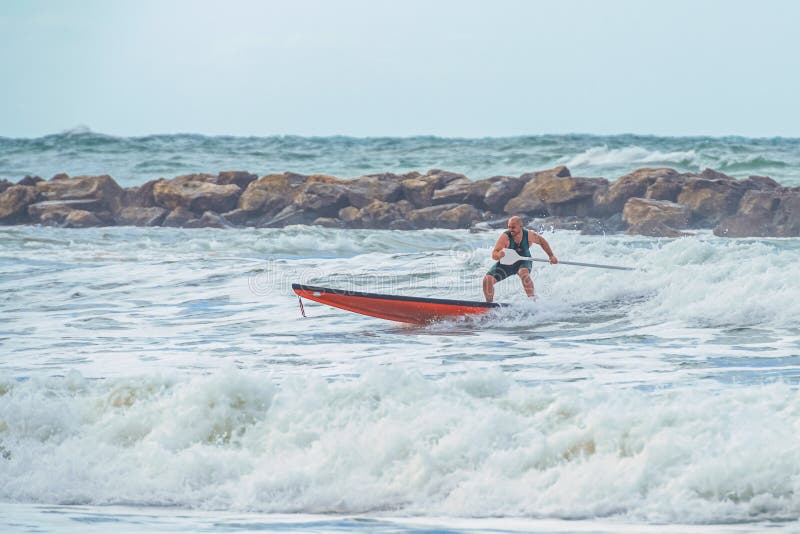 2/18/2018 Netanya, Israel, the Sup Boarder Floats Along the Surface of ...