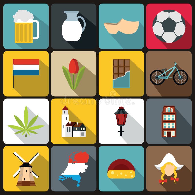 Netherlands Icons Set, Flat Style Stock Vector - Illustration of dutch ...
