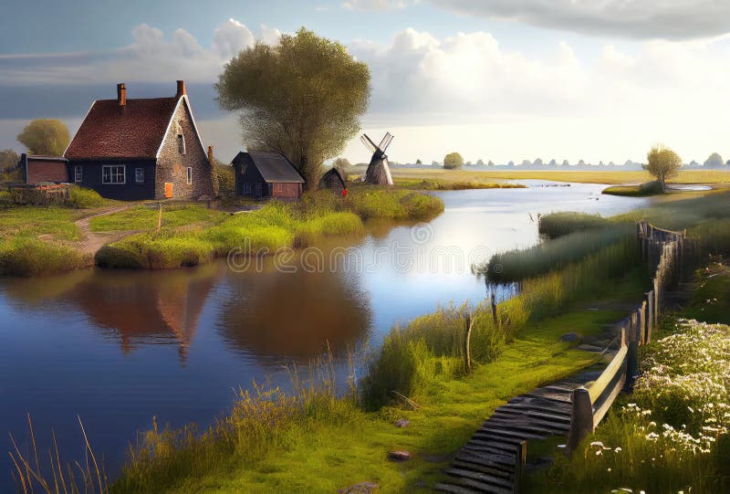 Netherlands Landscape with River and Windmill. Generative AI Art Stock ...