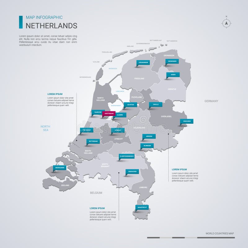 Netherlands Vector Map with Infographic Elements, Pointer Marks Stock ...