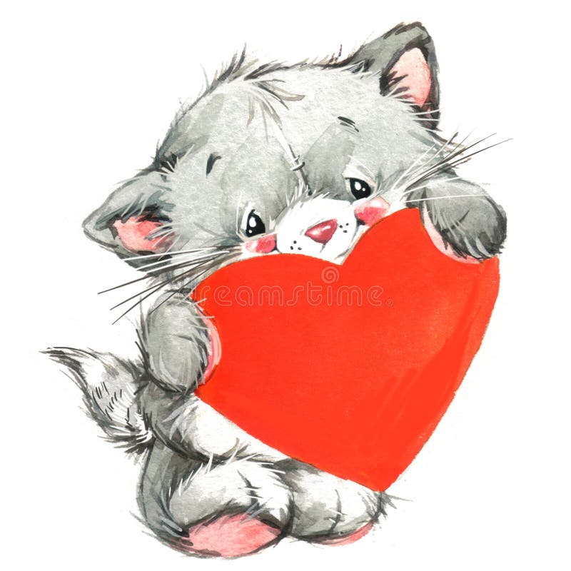 Nette Katze Valentine Dayands Und Rotes Herz Watercolor Stock Abbildung ...