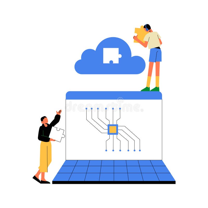 Network Administration with Male and Female Characters Collaborating on Cloud Puzzle in Flat ...